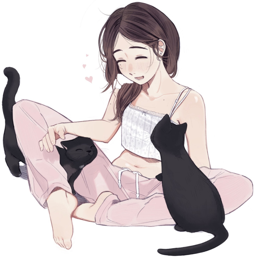 Safebooru - 1girl ^ ^ bare shoulders barefoot black cat brown hair camisole cat closed eyes ...