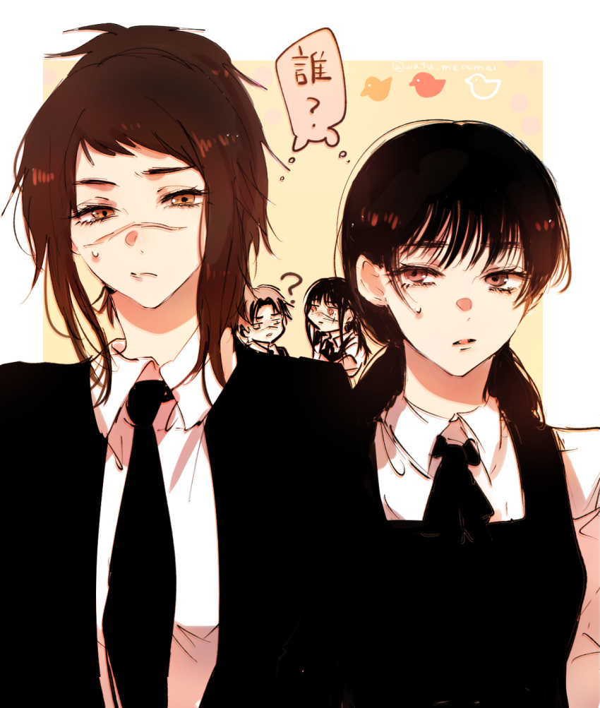 Safebooru - 1boy 3girls ? border brown eyes brown hair chainsaw man chibi collared shirt fourth ...