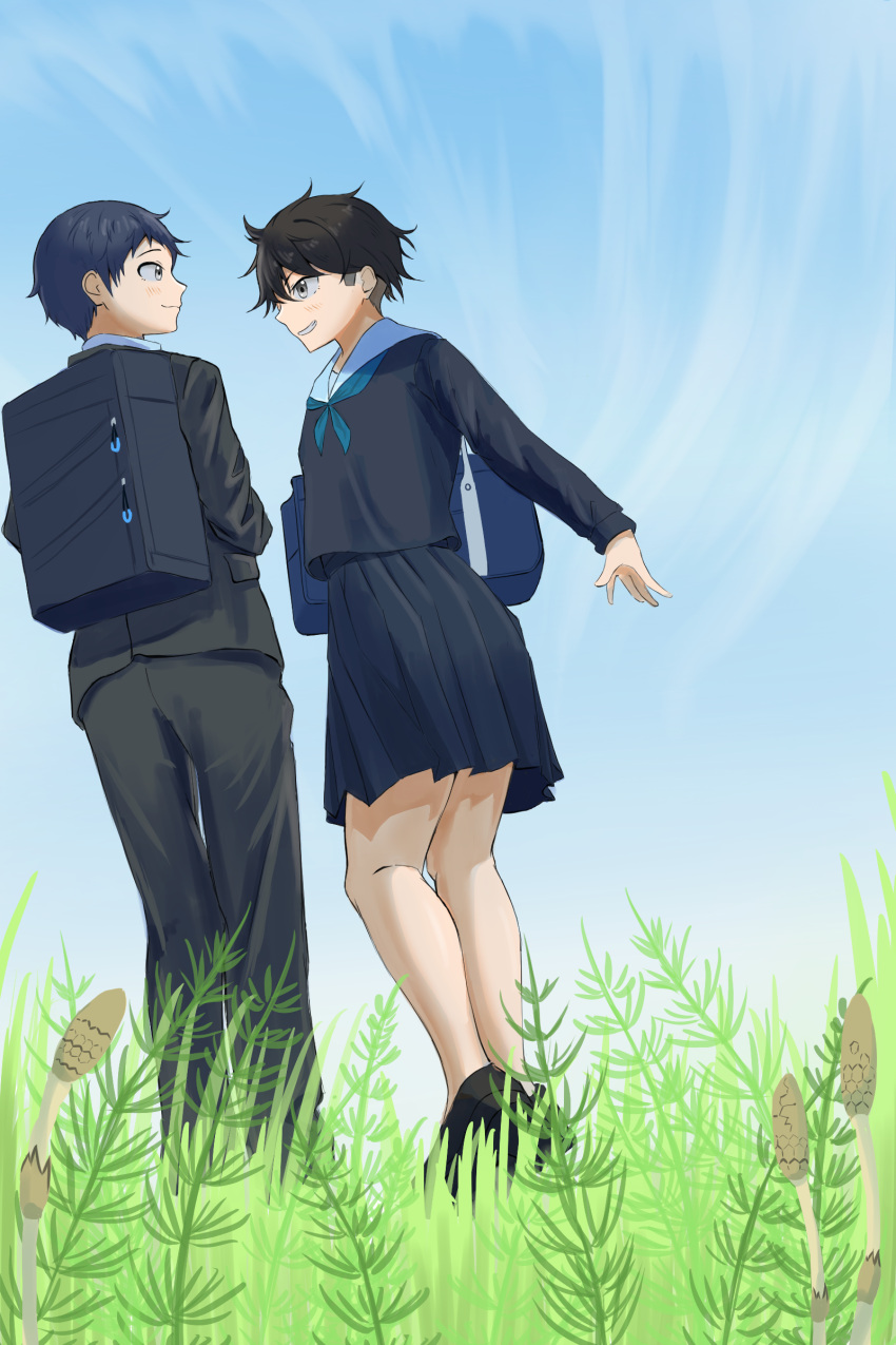 Safebooru - 1boy 1girl absurdres anpanzetton backpack bag black hair black pants black serafuku ...