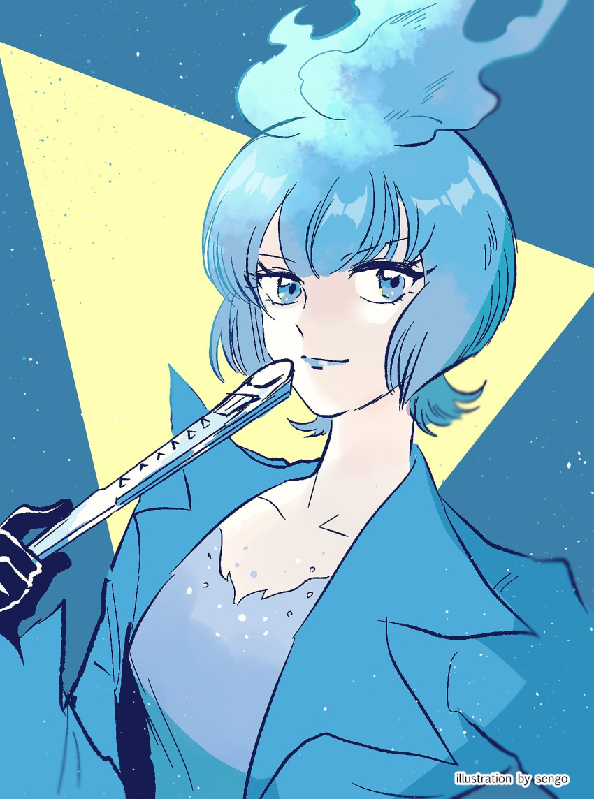 Safebooru - 1girl airagency1005 ancient greek clothes animification blue fire blue hair blue ...