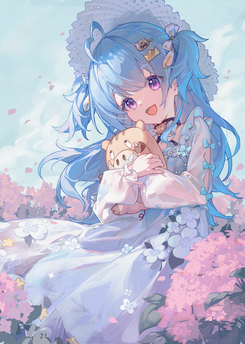 Safebooru - 1girl absurdres adversarial noise ahoge bear hair ornament blue bow blue hair blue ...