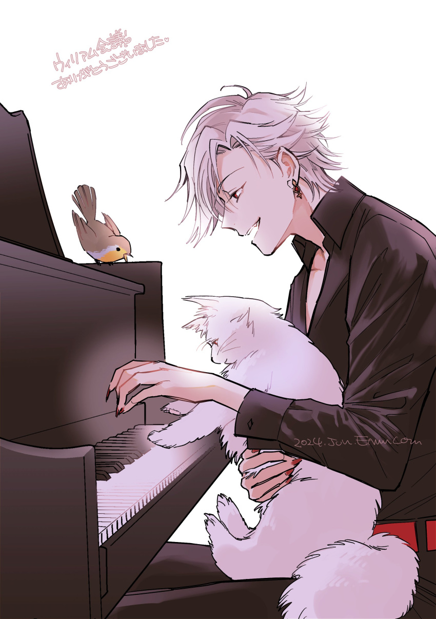 Safebooru - 1boy absurdres ahoge belt bird black shirt cat earrings fang grand piano highres ...