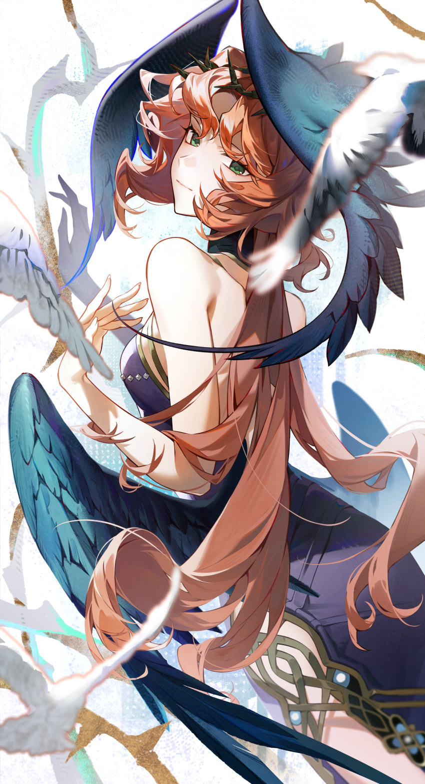Safebooru - 1girl absurdres bare arms bare shoulders bird black wings cheongdan t closed mouth ...