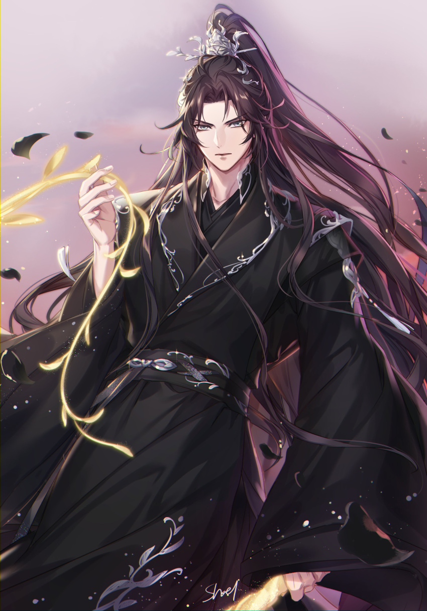 Safebooru - 1boy absurdres alternate costume artist name black hanfu black sash brown hair ...