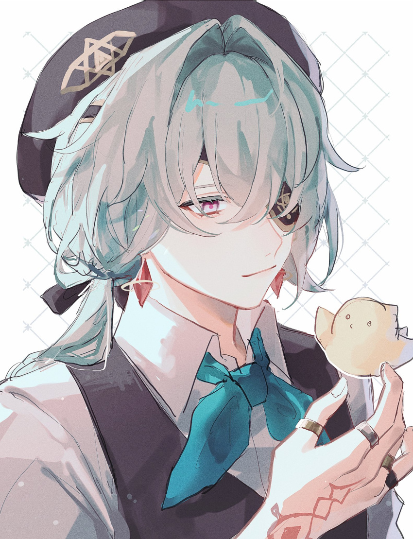 Safebooru - 1boy anaxa (honkai: star rail) aqua hair bird black hair black vest closed mouth ...