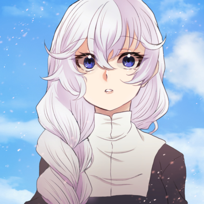 Safebooru - 1girl black dress blue eyes blue sky braid braided ponytail clouds cloudy sky dress ...