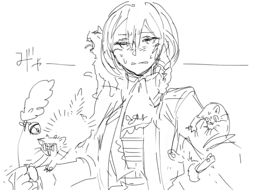 Safebooru - 1girl alter ego (game) black hair braid braided ponytail cat cat on person cat on ...