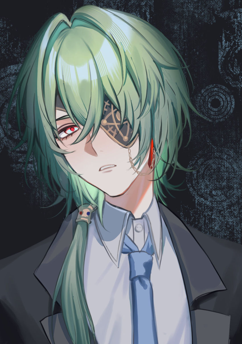Safebooru - 1boy absurdres anaxa (honkai: star rail) aqua hair black jacket blue necktie chain ...