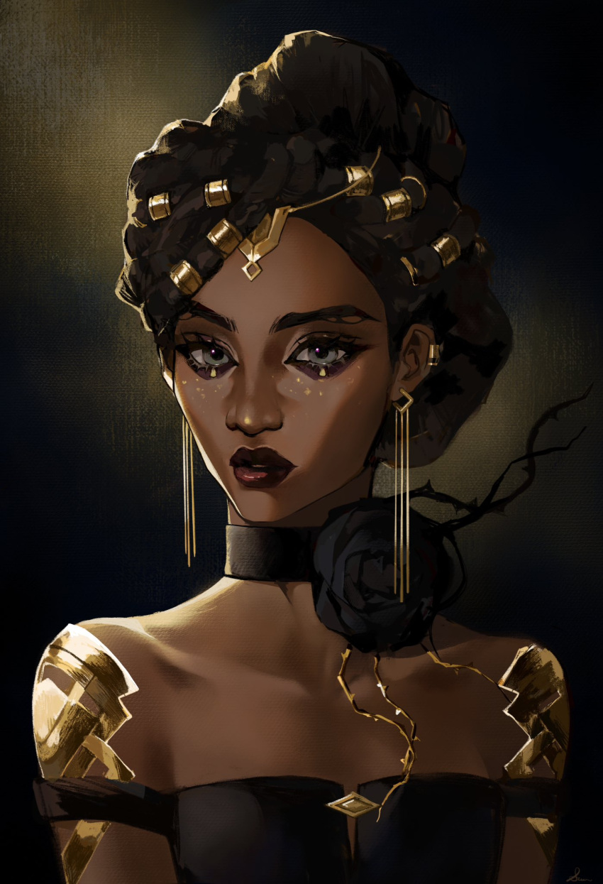 Safebooru - 1girl arcane: league of legends black choker black hair breasts choker dark-skinned ...