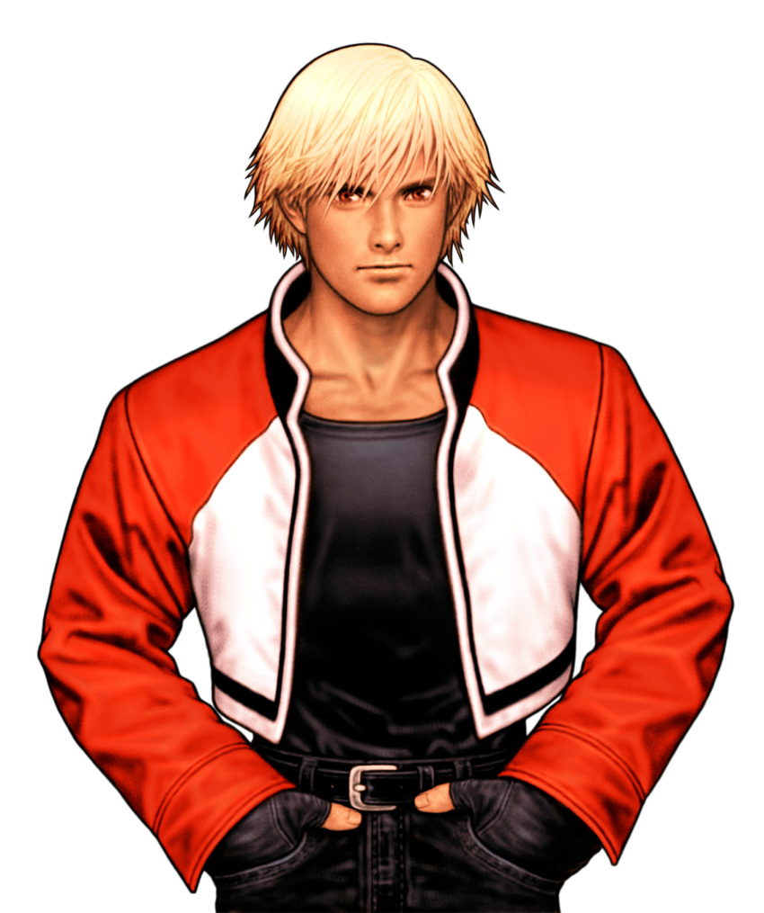 Safebooru - 1boy belt black undershirt blonde hair capcom vs snk 2 denim expressionless facing ...