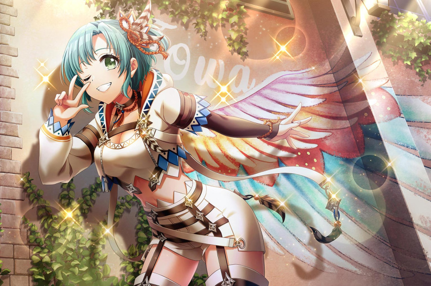 Safebooru - blush cape d4dj dress green eyes green hair hanamaki towa short hair smile wink ...