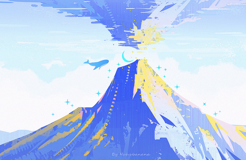 Safebooru - ambiguous gender animal artist name blue sky clouds crescent moon day fish huhv ...