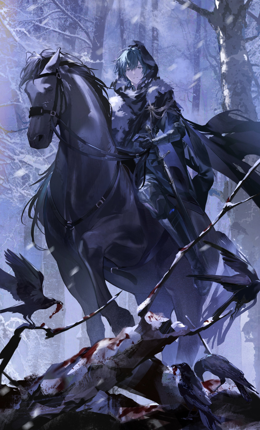Safebooru - 1boy absurdres ameinu armor bare tree bird black hair blood boots cape cloak crow ...