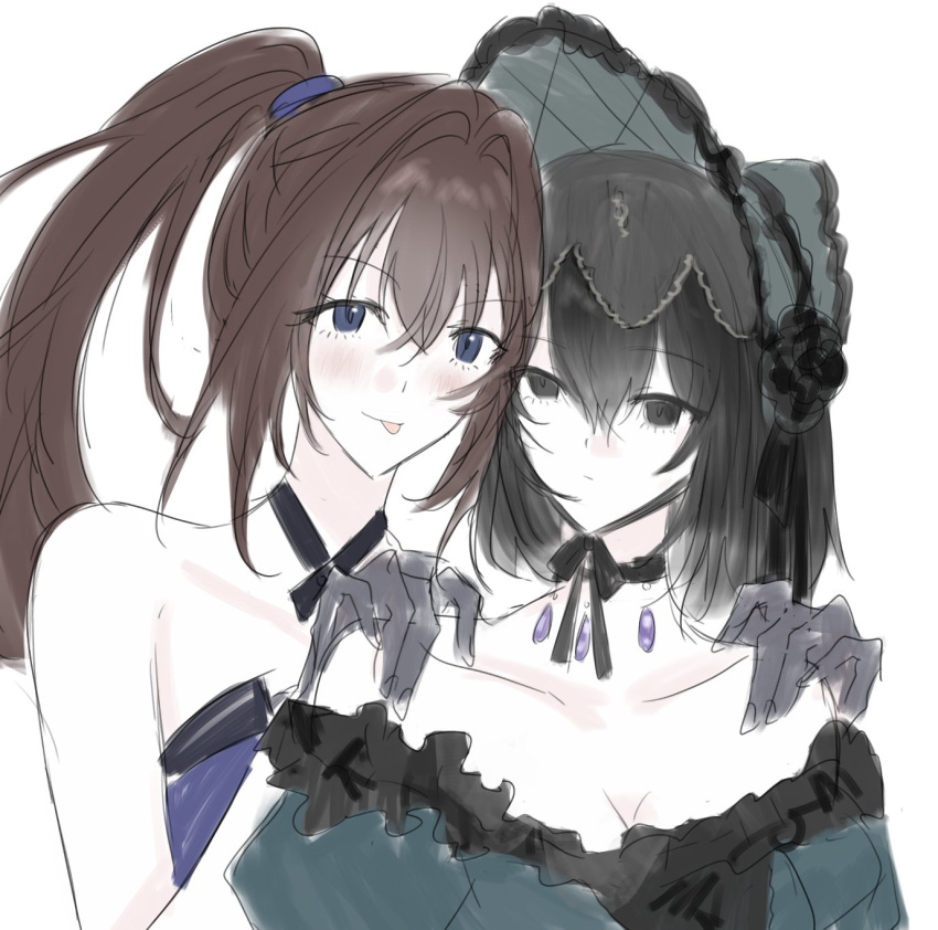Safebooru - 2girls :p aozaki aoko black eyes black hair blue dress blue eyes bob cut bonnet ...