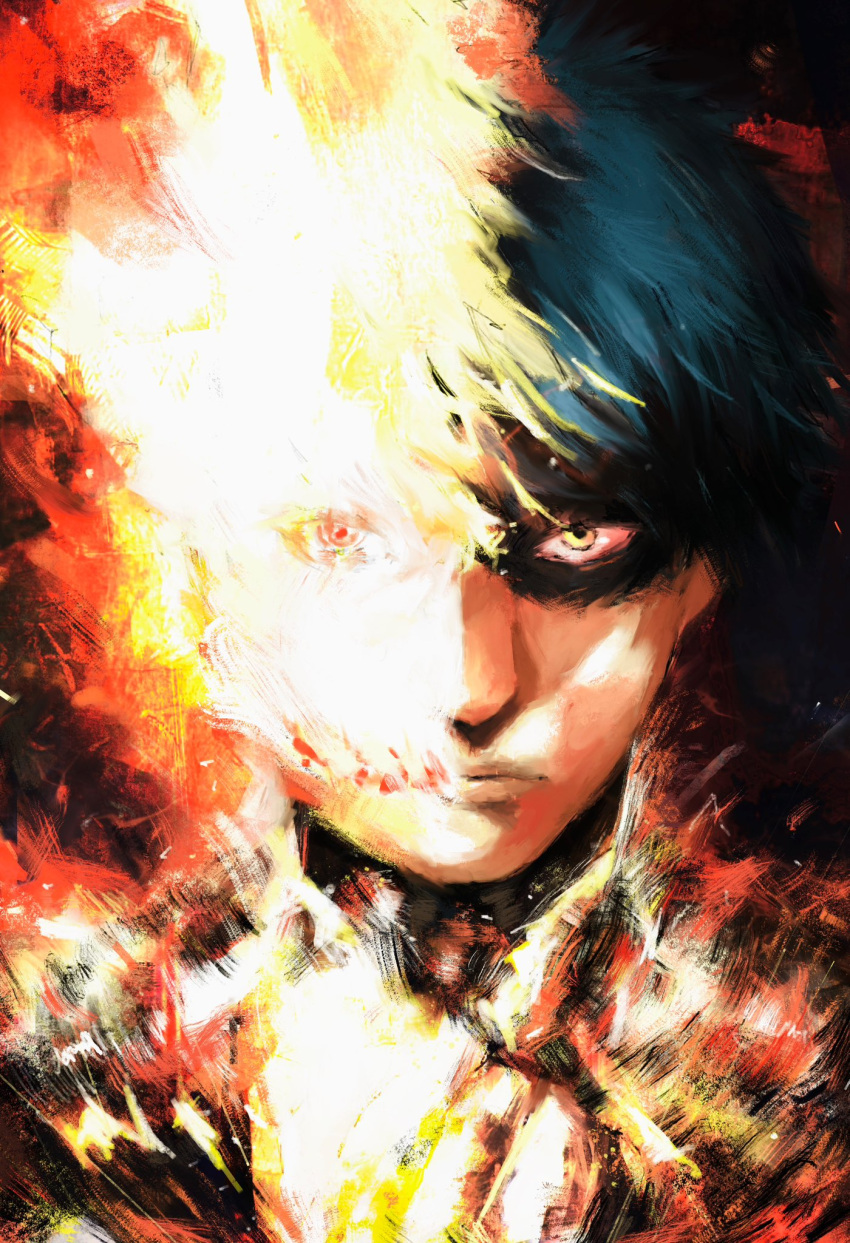 Safebooru - 1boy agni (fire punch) black hair burn scar burning close ...