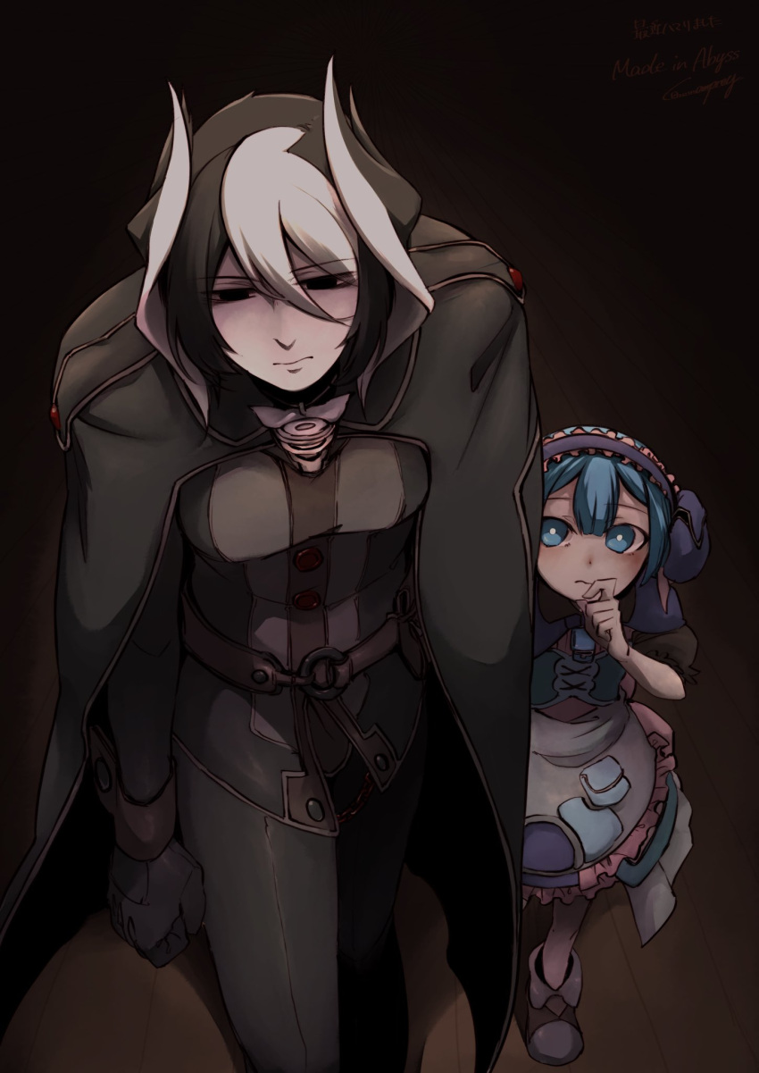 Safebooru - 1boy 1girl apron black cape black eyes black gloves black hair black jacket black ...