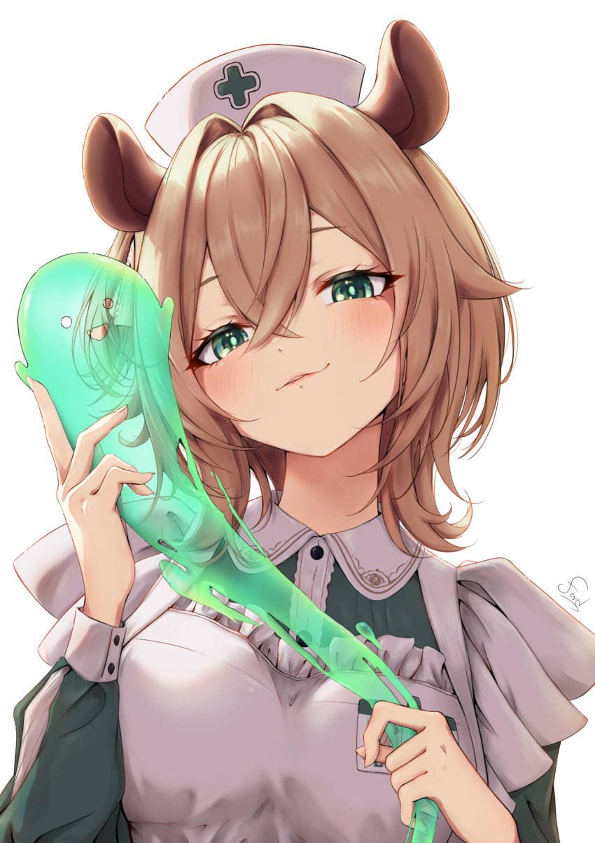 Safebooru - 1girl animal ears apron blush breasts brown hair dress ferd jk green dress green ...