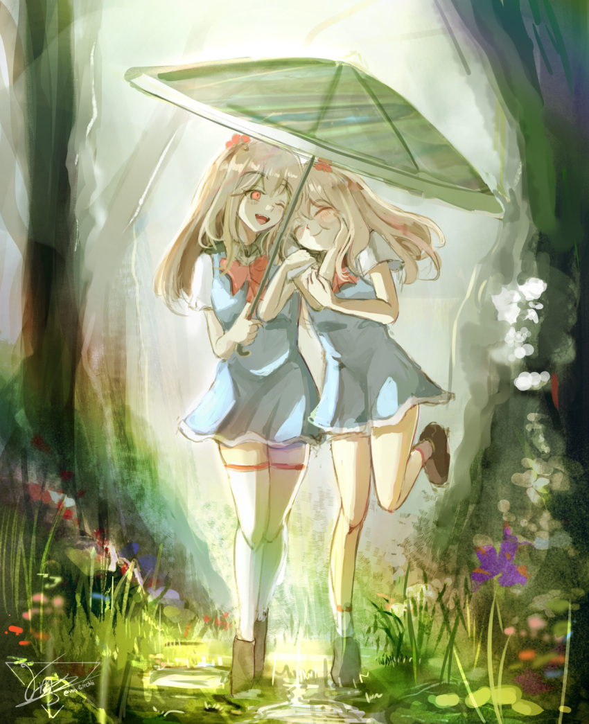 Safebooru - 2girls artist logo artist name blue dress closed eyes dress grey hair hand on ...