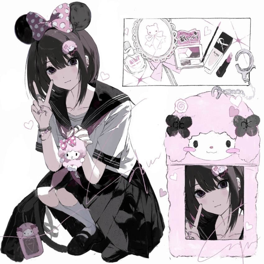 Safebooru - 1girl black hair black skirt black tail bow card holster ...