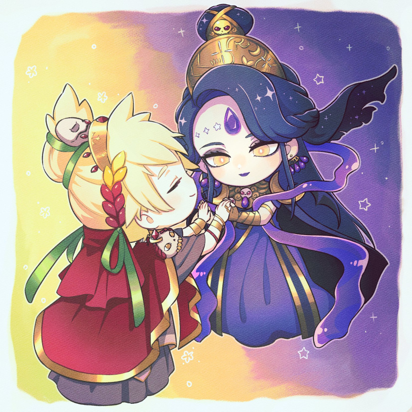 Safebooru - 2girls black hair blonde hair chibi closed eyes dress ...