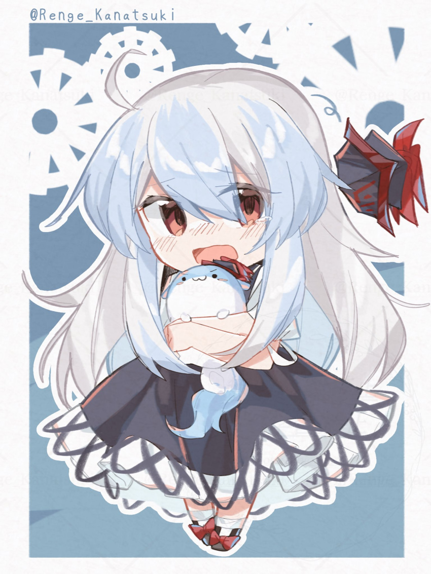 Safebooru - 1girl :3 animal hug blue dress blue hair blush chibi chibi ...