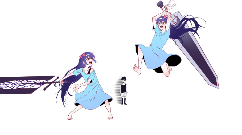 Safebooru - + + 1boy 2girls absurdres alternate eye color antenna hair arms up aubrey (headspace ...