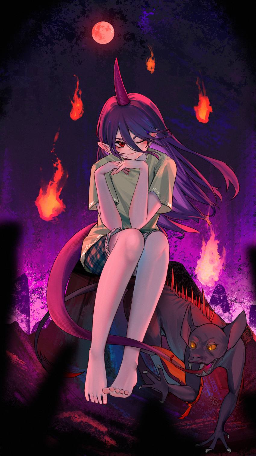 Safebooru - 1girl ;) absurdres barefoot chupacabra clothes writing fire full moon green shirt ...