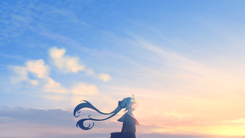 Safebooru - 1girl aqua hair arm at side blue serafuku blue shirt blue skirt blue sky closed eyes ...
