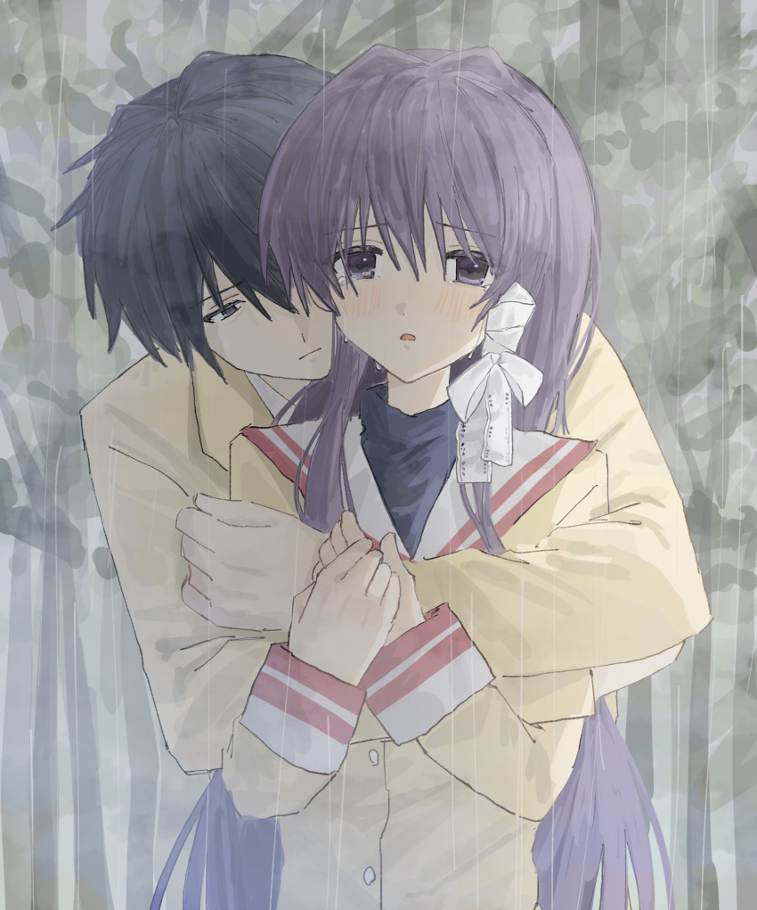 Safebooru - 1boy 1girl blazer blue hair blush clannad frown fujibayashi ...