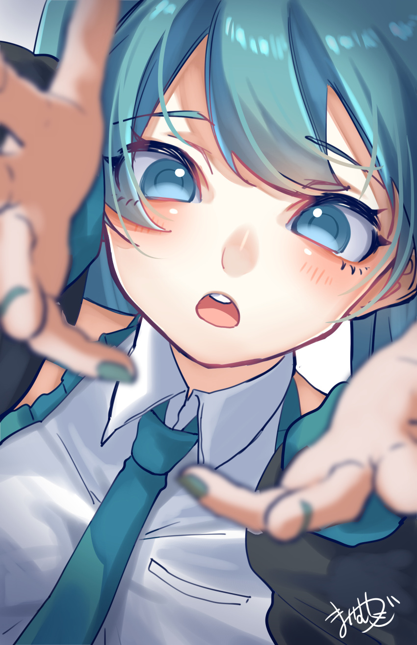 Safebooru - 1girl absurdres aqua eyes aqua hair aqua nails aqua necktie blush collared shirt ...