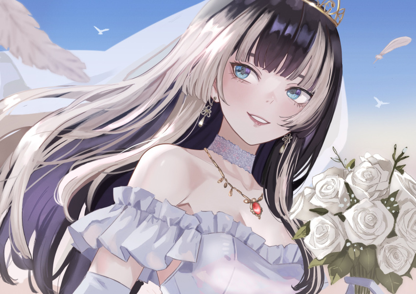 Safebooru - 1girl absurdres alternate costume bird black hair blue eyes blush bouquet breasts ...