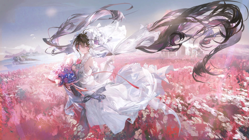 Safebooru - black hair bridal veil dress flower highres holding holding ...