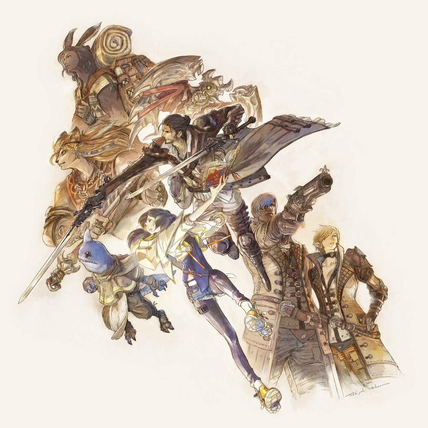 Safebooru - 3girls 4boys adventurer (ff14) animal ears axe backpack bag ...