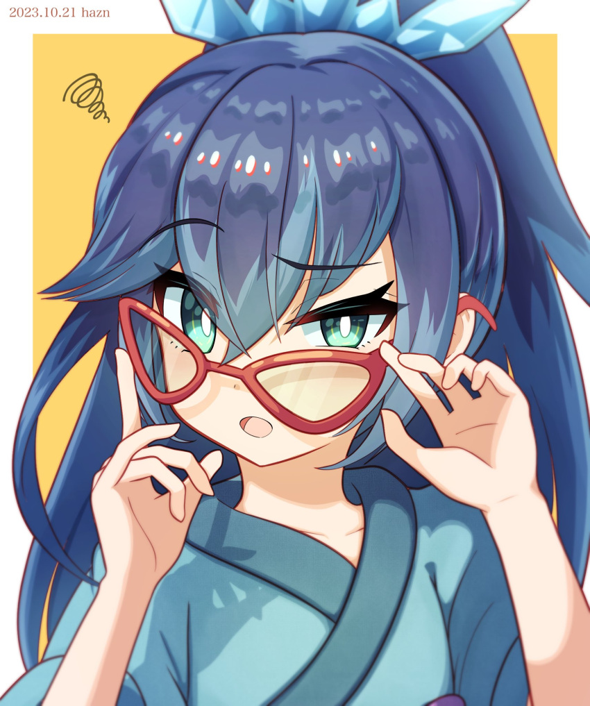 Safebooru - 1girl artist name blue eyes blue kimono bright pupils dated fubukihime glasses green ...