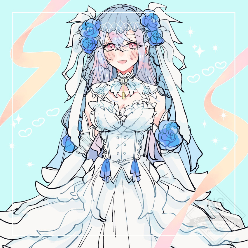 Safebooru - 1girl alternate costume blue flower blue rose blush bridal veil cleavage cutout ...