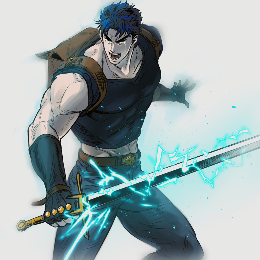 Safebooru - 1boy abs absurdres acea n backpack bag belt blue hair ...