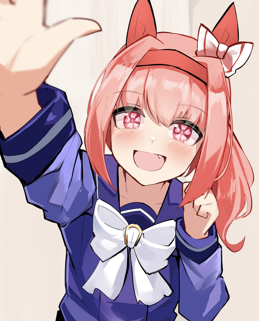 Safebooru - 1girl :d absurdres animal ears arm up blush bow ear bow fang flower-shaped pupils ...