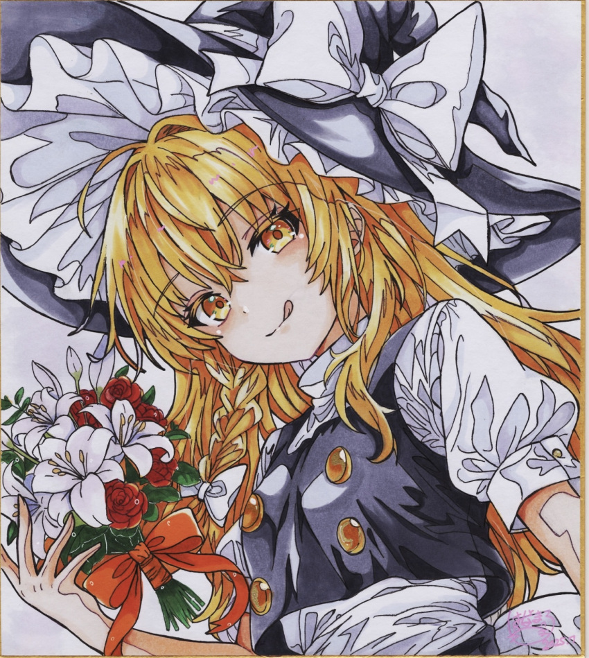 Safebooru - 1girl 870hanamarumomo :q black hat black vest blonde hair bouquet bow braid closed ...