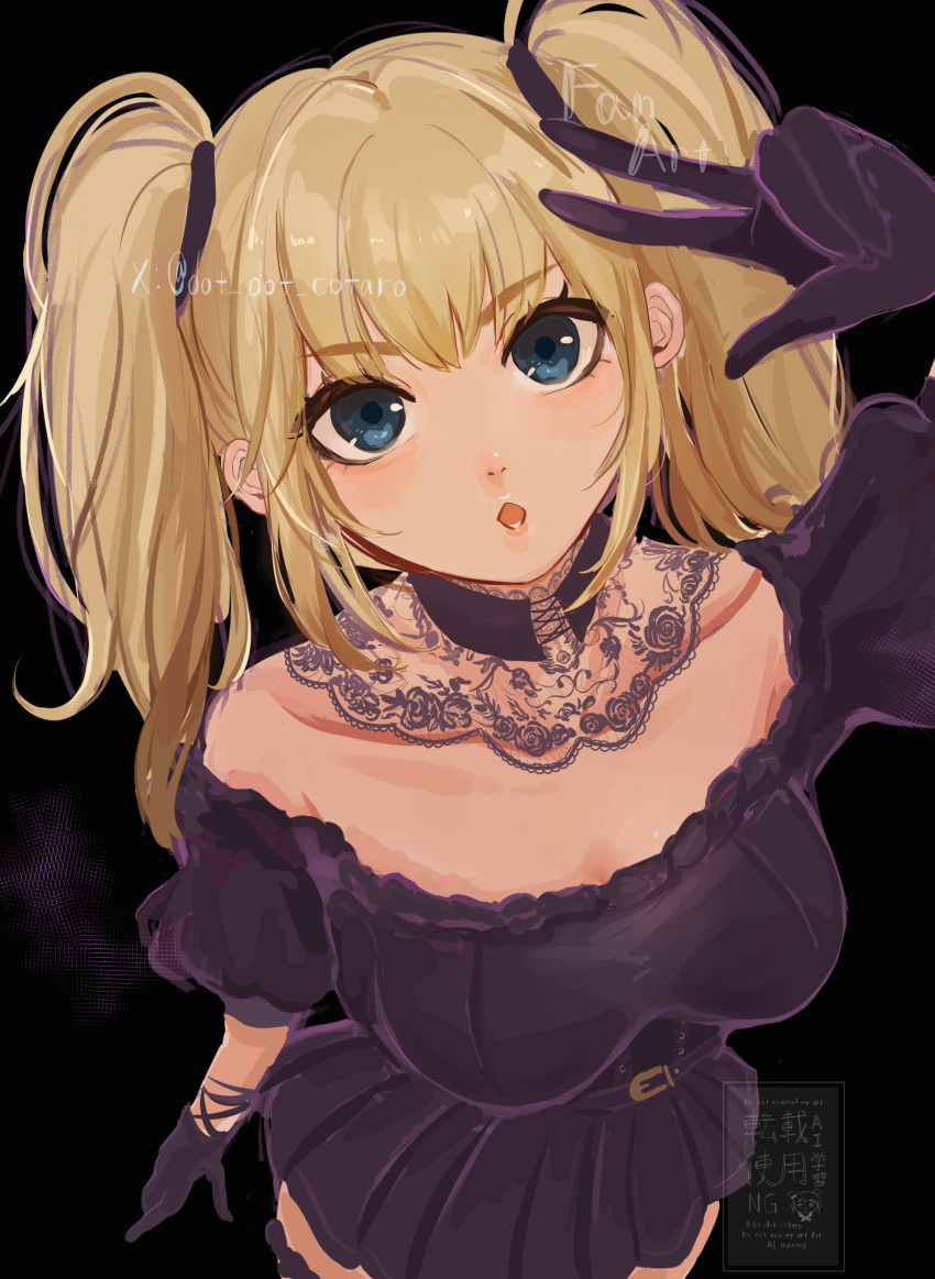 Safebooru - 1girl :o absurdres ani (xai) black background black dress black gloves blonde hair ...