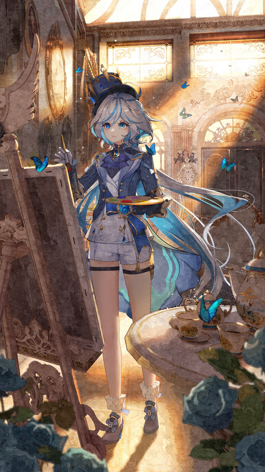 Safebooru - 1girl ahoge analog clock ascot blue ascot blue brooch blue ...