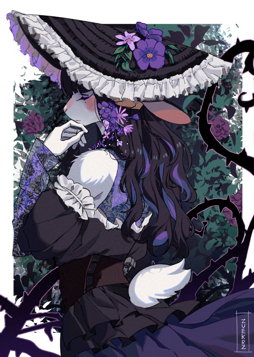 Safebooru - 1girl adversarial noise animal ears black hair black hat blouse body fur border ...
