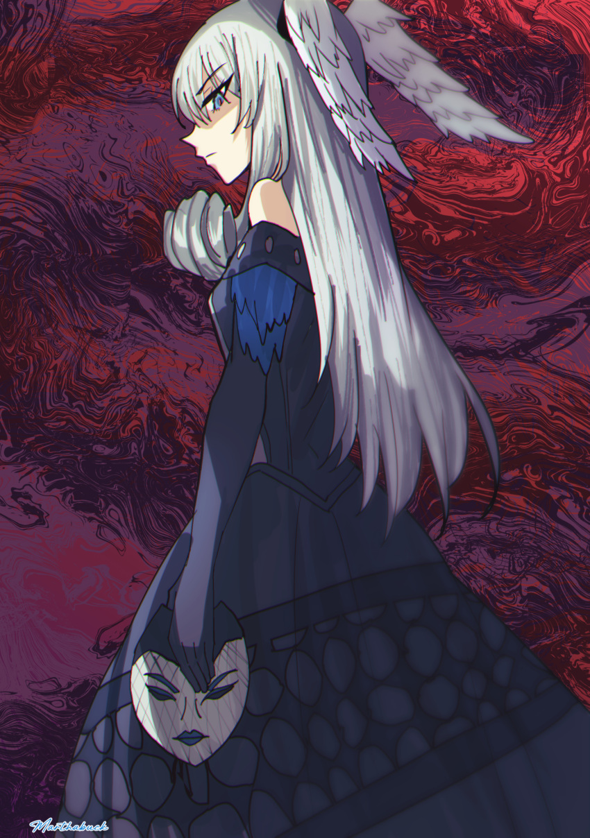 Safebooru - 1girl abstract background absurdres black dress blue eyes closed mouth commentary ...