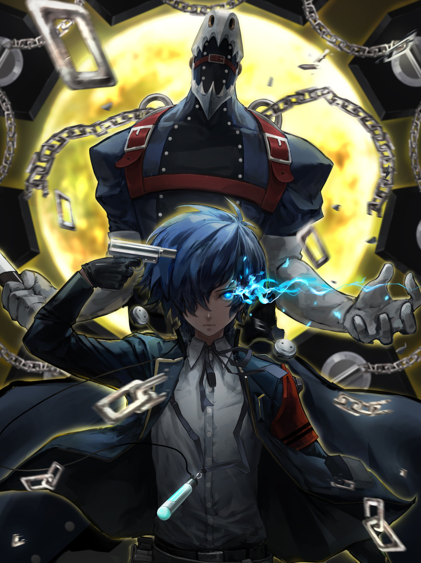Safebooru - 1boy absurdres black ribbon blue eyes blue fire blue hair broken broken chain ...