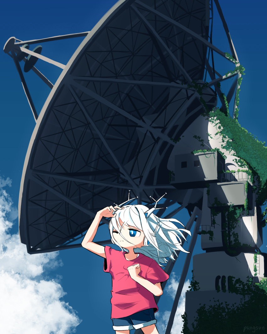 Safebooru - 1girl arm up artist name blue eyes blue shorts blue sky bright pupils clouds eastern ...