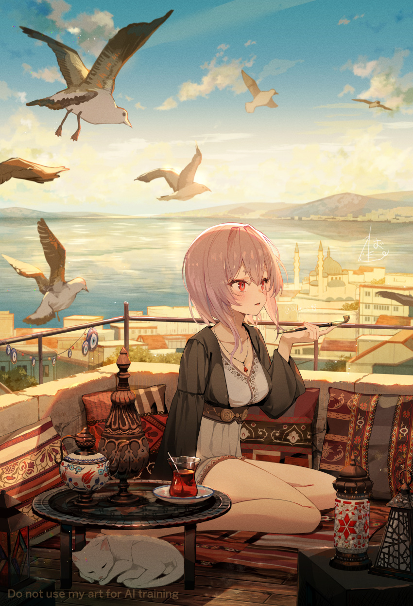 Safebooru - 1girl absurdres bird blue sky blush breasts building cat ...