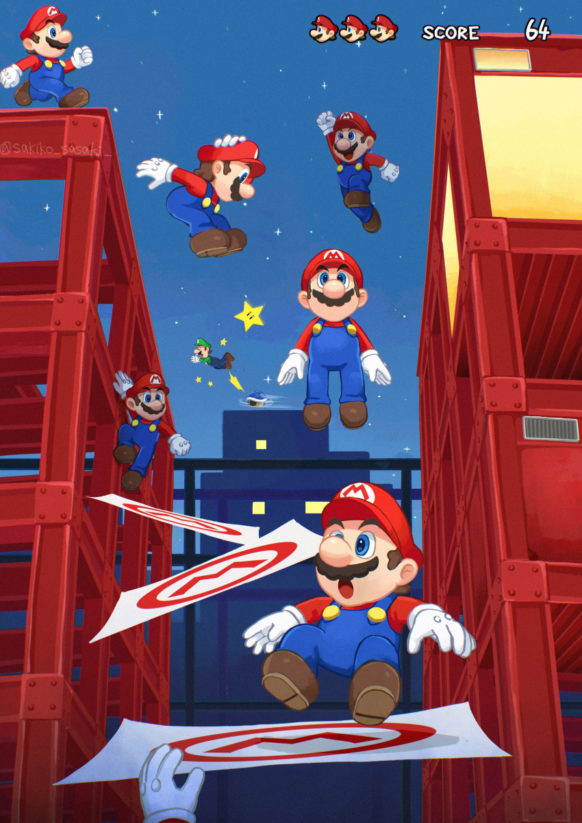 Safebooru - 6+boys absurdres arm up artist name blue eyes blue overalls ...