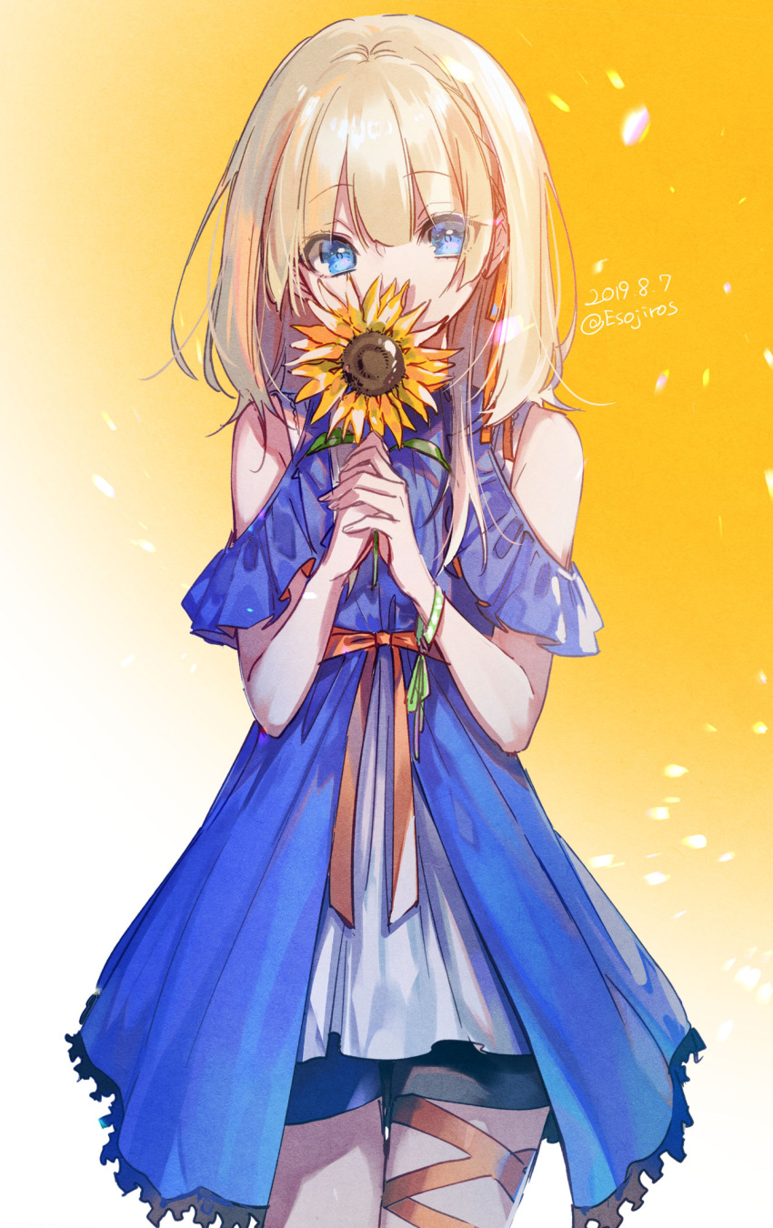 Safebooru - 1girl amaichi esora artist name blonde hair blue dress blue eyes clothing cutout ...