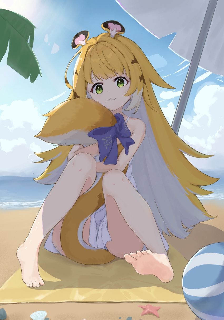 Safebooru - 1girl alternate costume animal ears ball beach umbrella beachball blonde hair blue ...