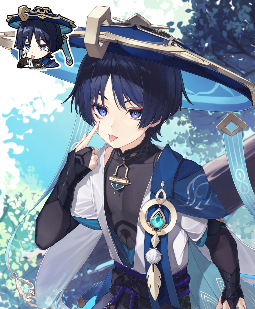Safebooru - 1boy akanbe anemo symbol (genshin impact) animal print aqua ...