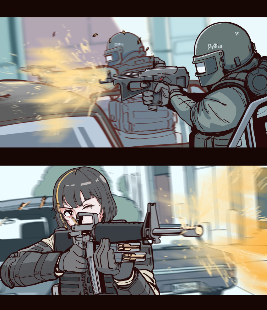 Safebooru - 1girl armor assault rifle eyepatch firing girls frontline heat (film) long hair m16 ...